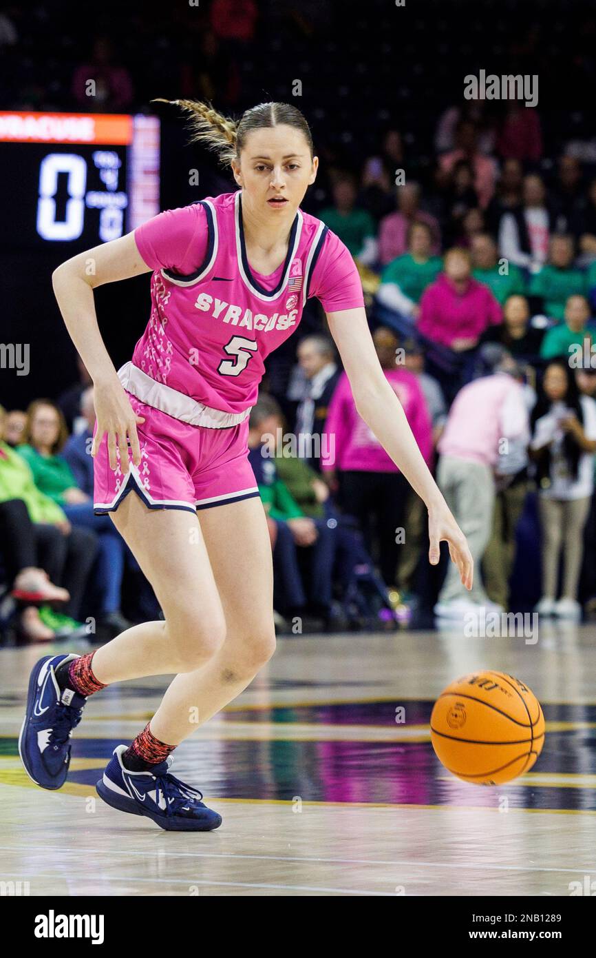 February 12, 2023: Syracuse guard Georgia Woolley (5) drives to the ...