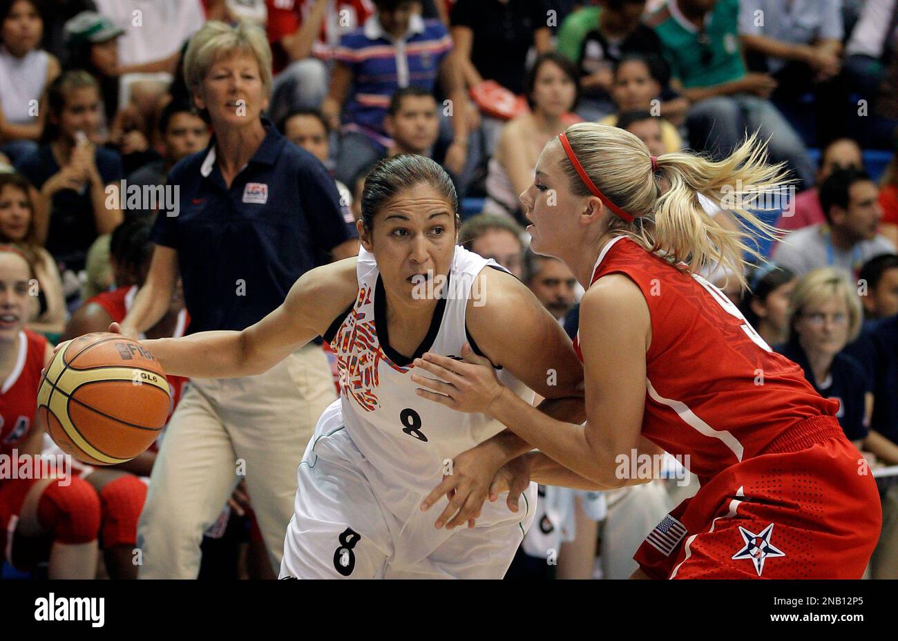 Mexico's Sonia Ortega, left, drives the ball next to Kevi Lee Luper ...