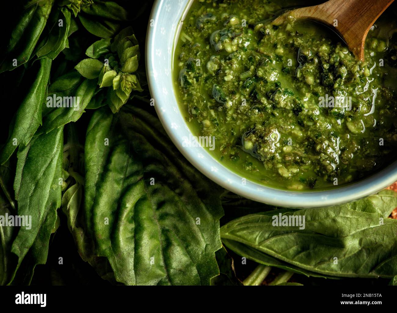 Photo of delicious traditional italian pesto sauce. Horizontal photo ...