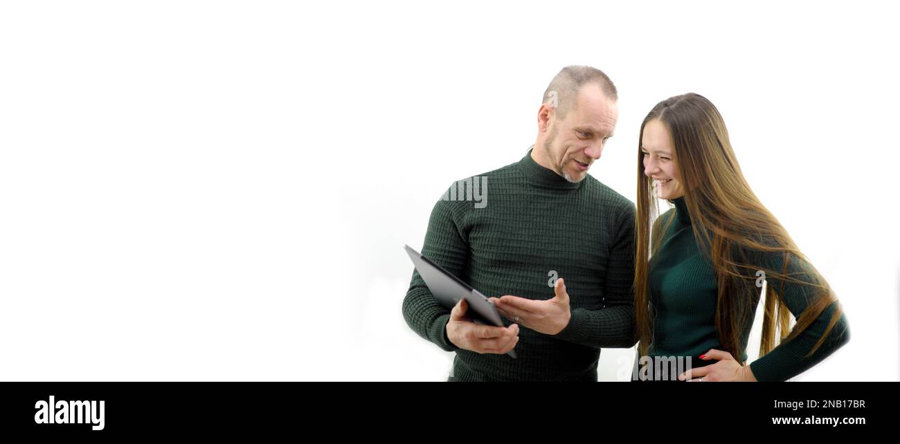 banner man woman tablet Happy People Pointing With Fingers Show and ...