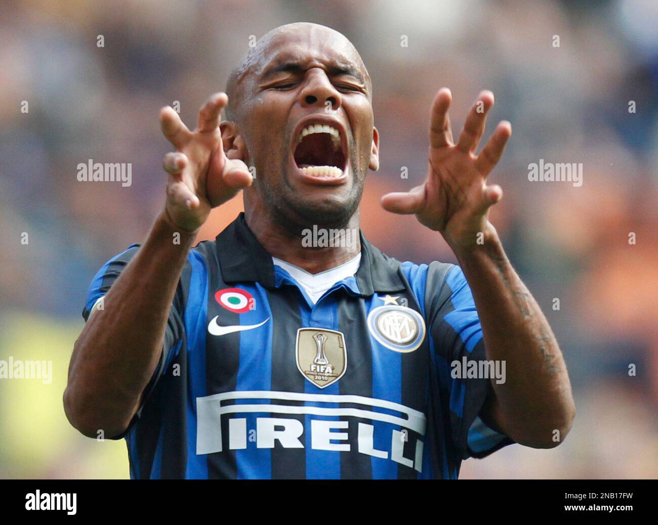 Inter Milan Brazilian defender Maicon reacts after missing a scoring chance during a Serie A ...