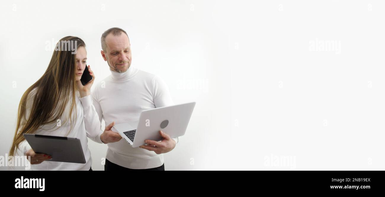 banner man woman tablet Happy People Pointing With Fingers Show and ...