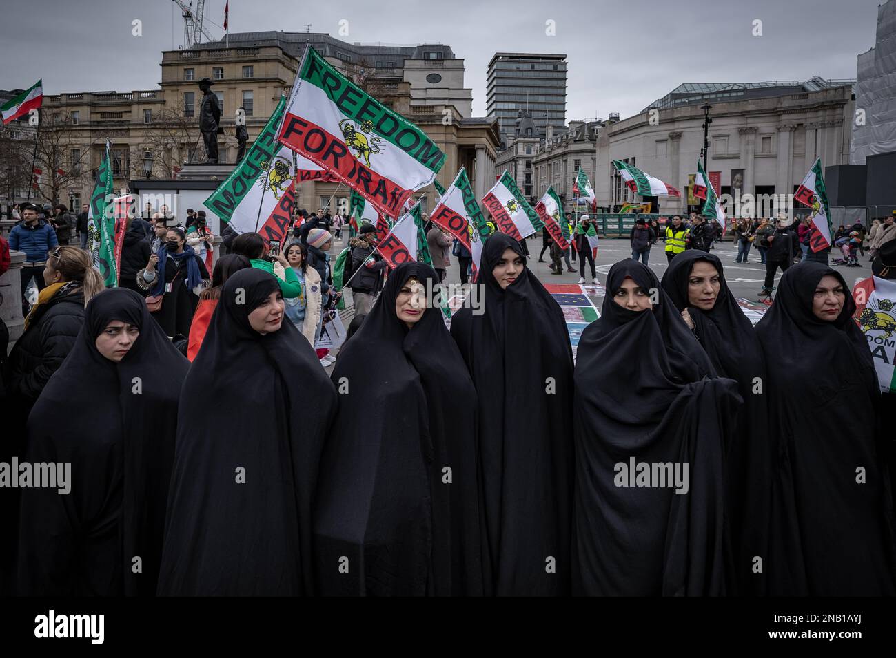 London, UK. 11th February, 2023. British-Iranians gather in Trafalgar ...
