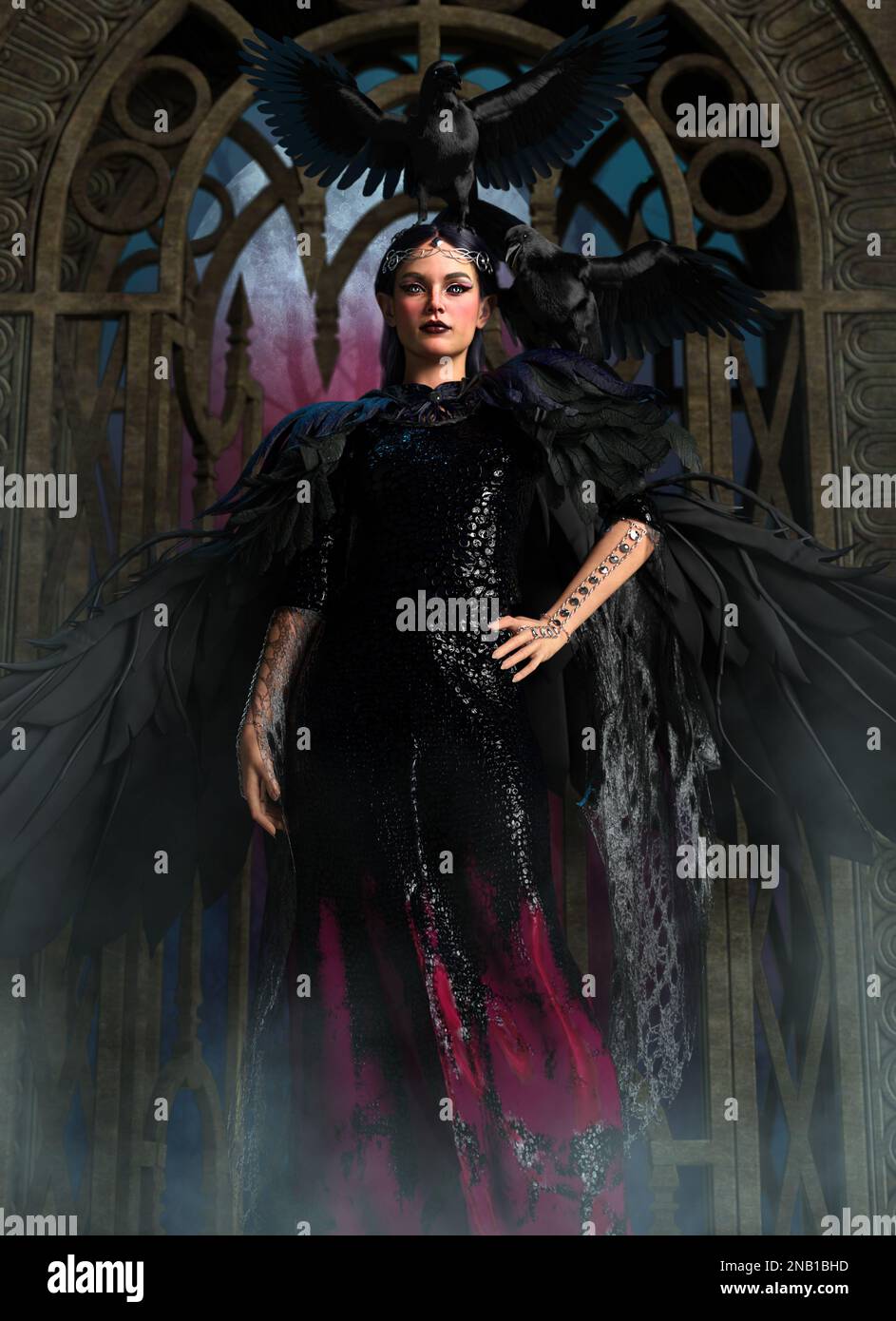3d computer graphics of a lady with a fantasy dress, raven wings and ...
