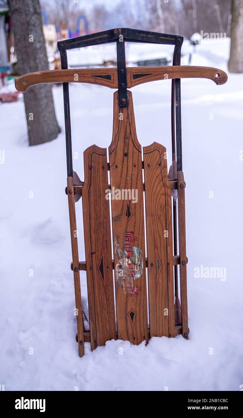 Vintage Flexible Flyer sled on display on a winter day at the 18th ...