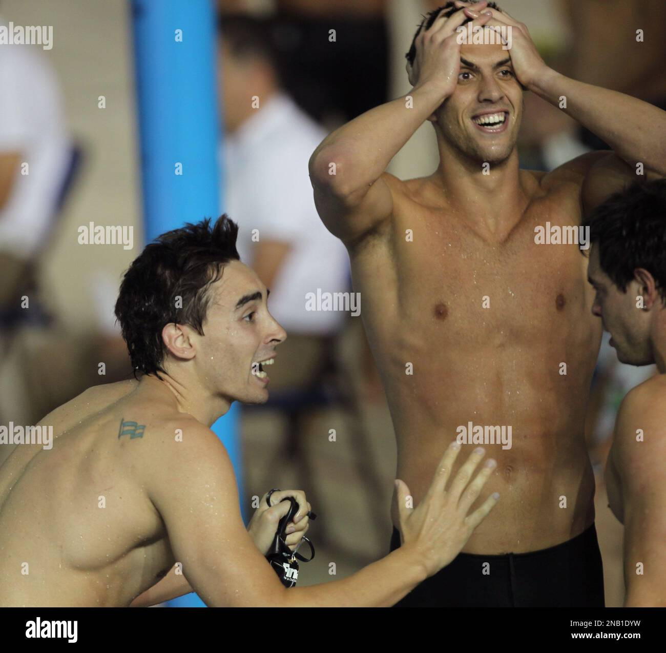 Argentina's swimmers react after winning the bronze medal on the men's ...