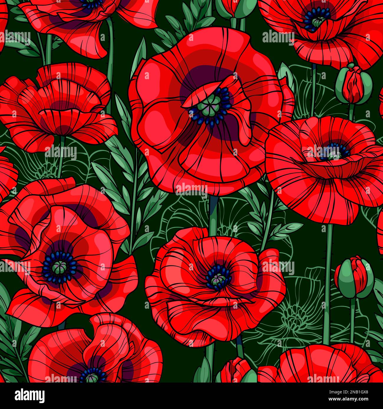 scarlet red poppies seamless vector pattern Stock Photo - Alamy