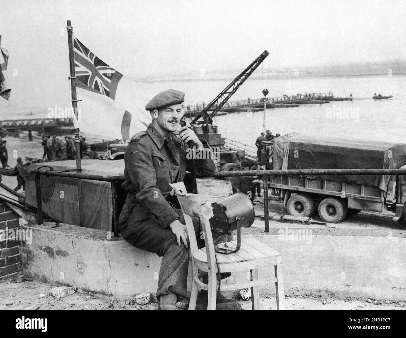 Traffic over the Rhine is directed by Capt. E.S. Hall of England ...