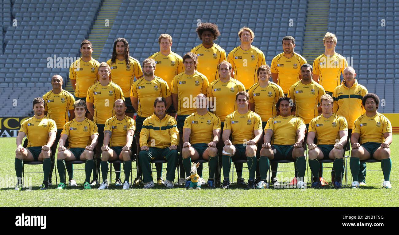 Australian rugby players pose for a team photo during the captain's run ...