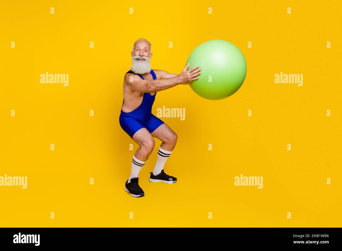 Full length photo of cheerful man professional fitness coach doing ...