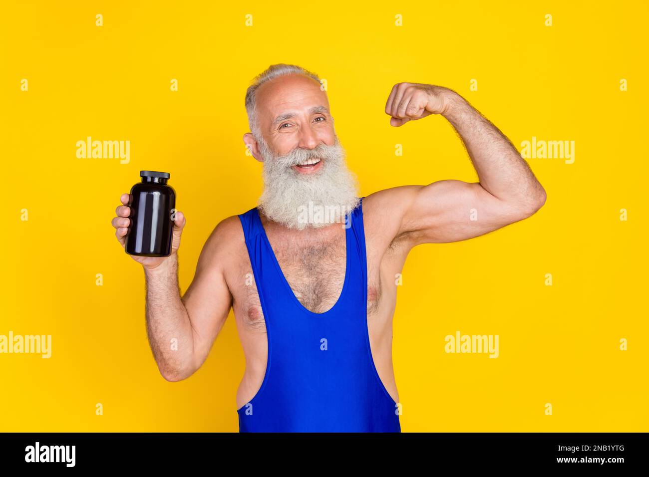 Portrait of positive powerful grandfather show empty space supplement ...