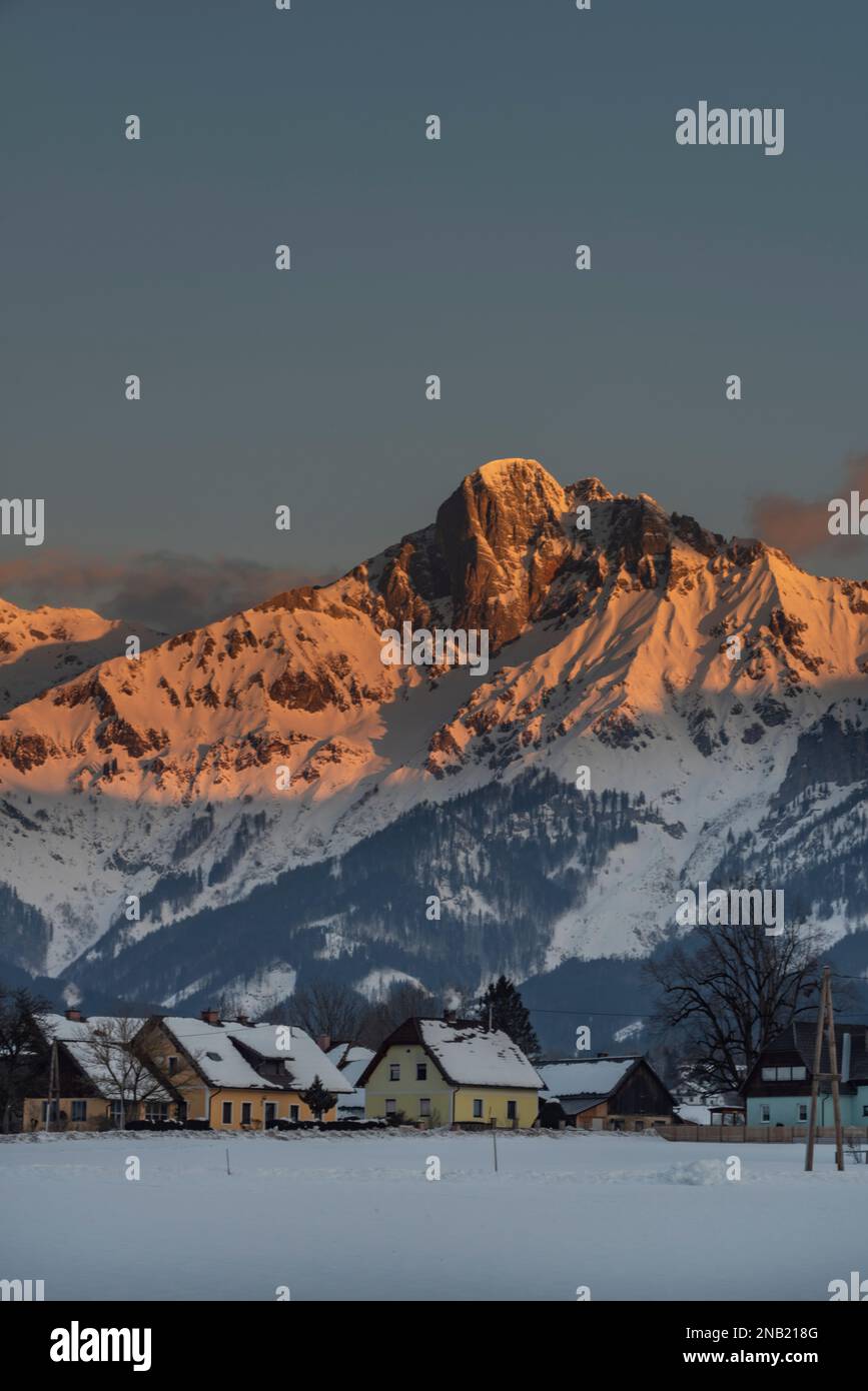 Winter landscape near Hall village and Admont town with big snowy hills ...