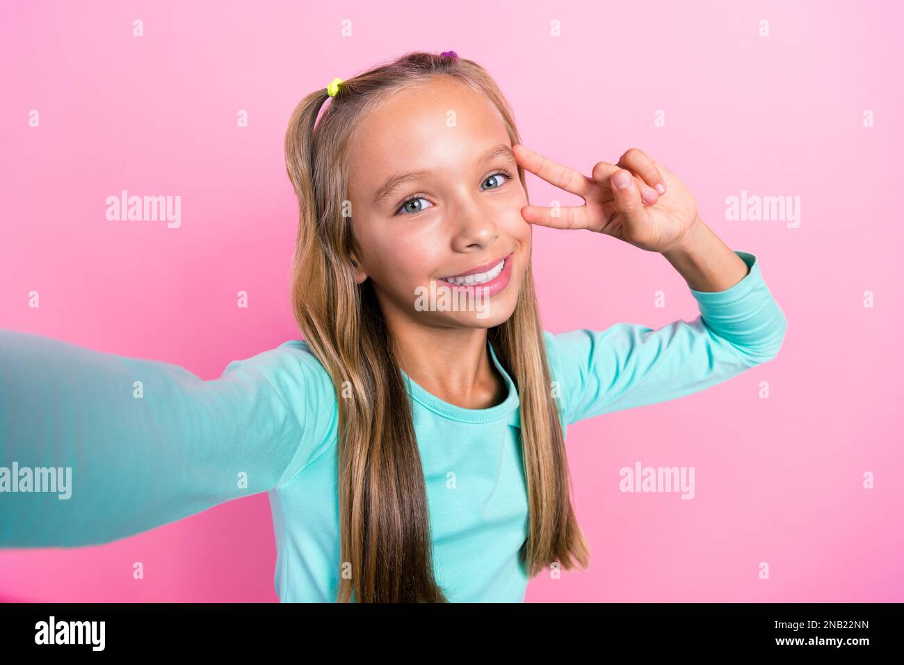 Selfie closeup photo of young beautiful cute nice pretty schoolgirl ...