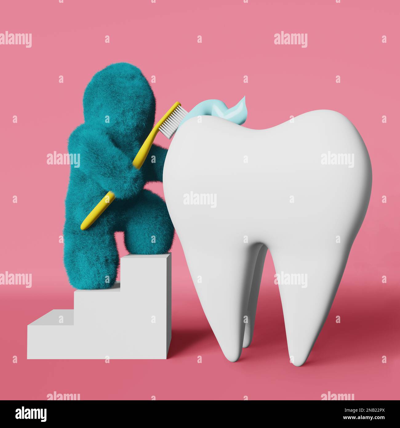 Cute turquoise fur Yeti brushing white healthy tooth with toothpaste 3D ...