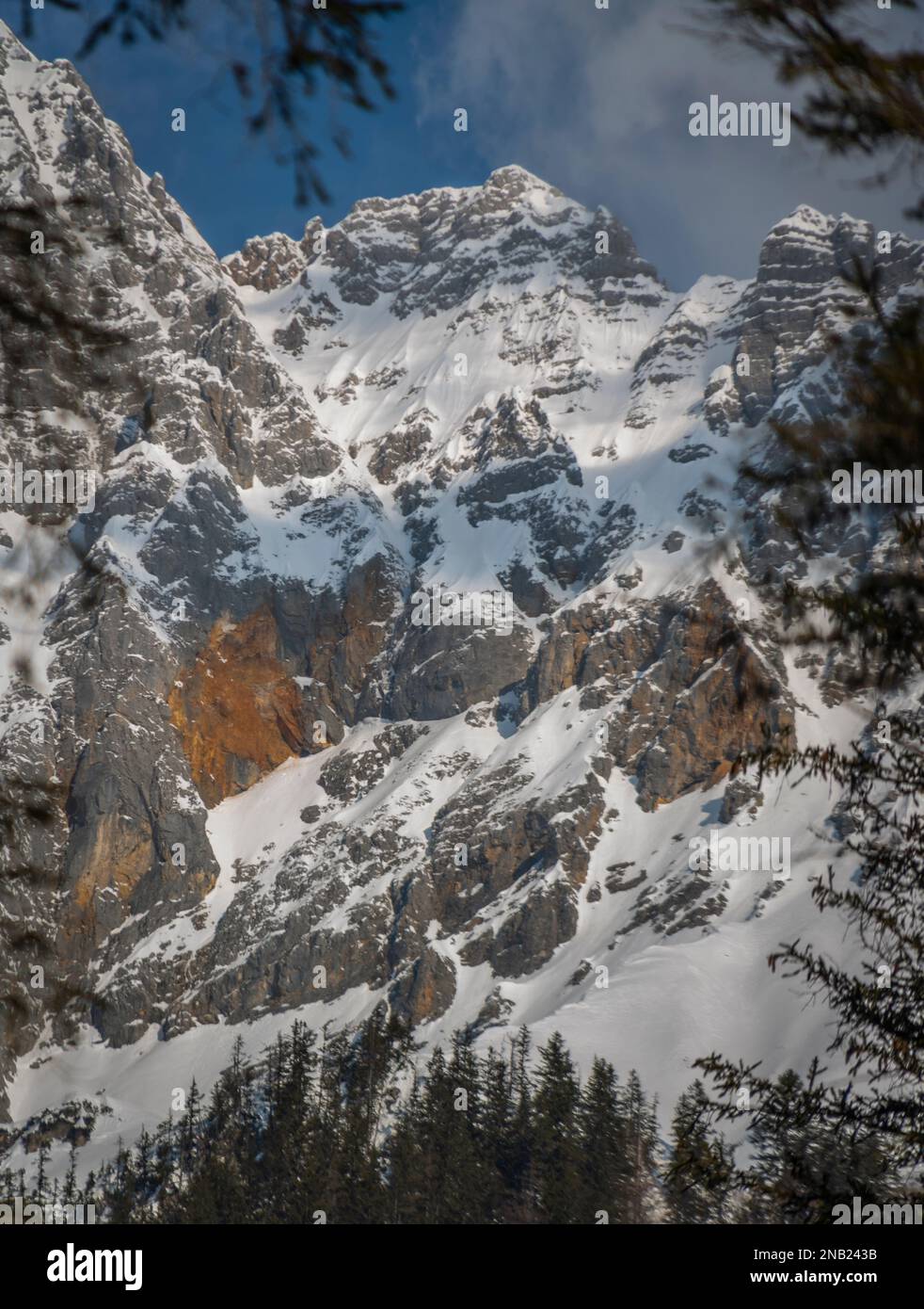 Winter landscape near Hall village and Admont town with big snowy hills ...