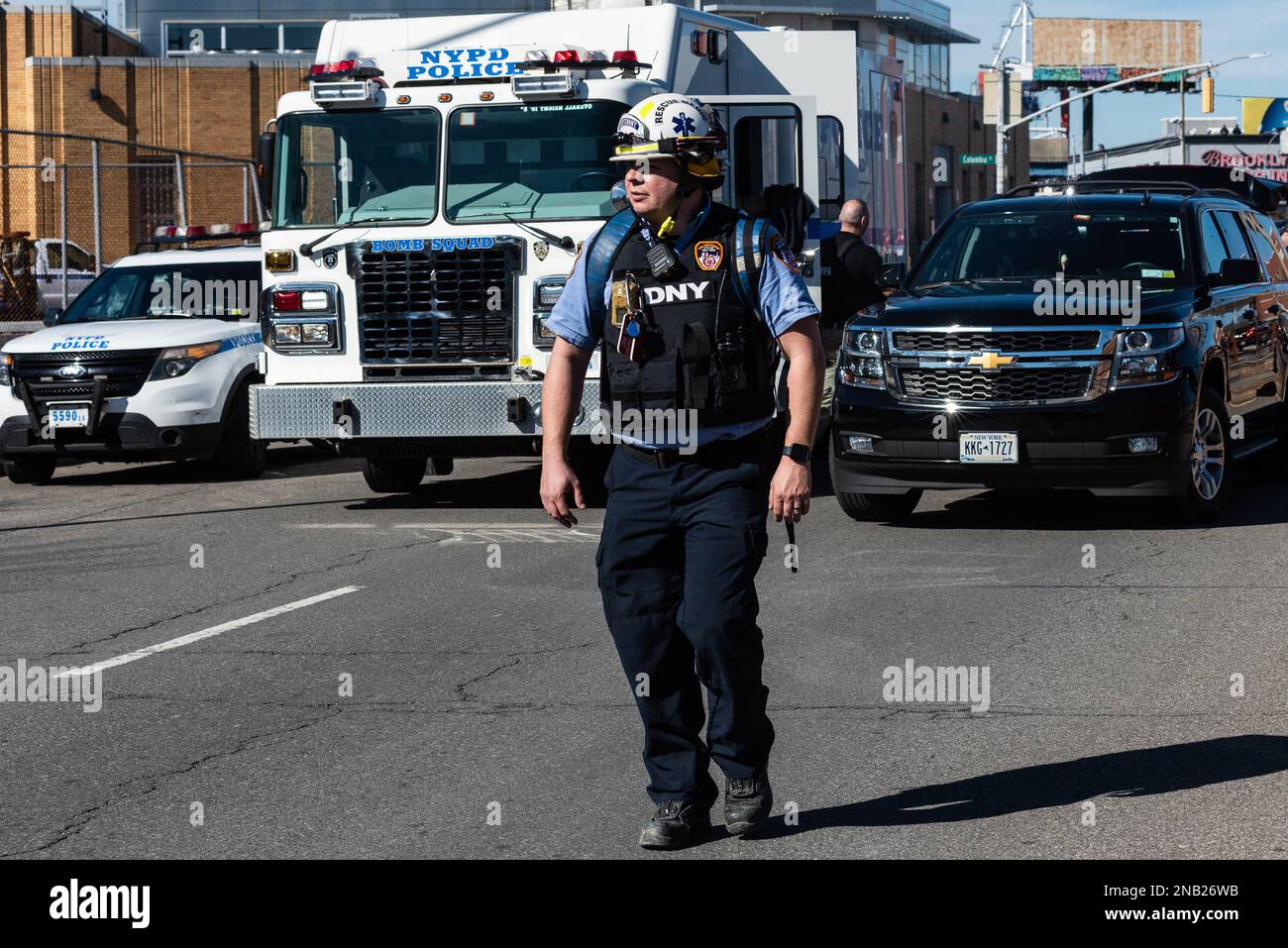 New York, USA. 13th Feb, 2023. An FDNY firefighter is leaving the scene ...