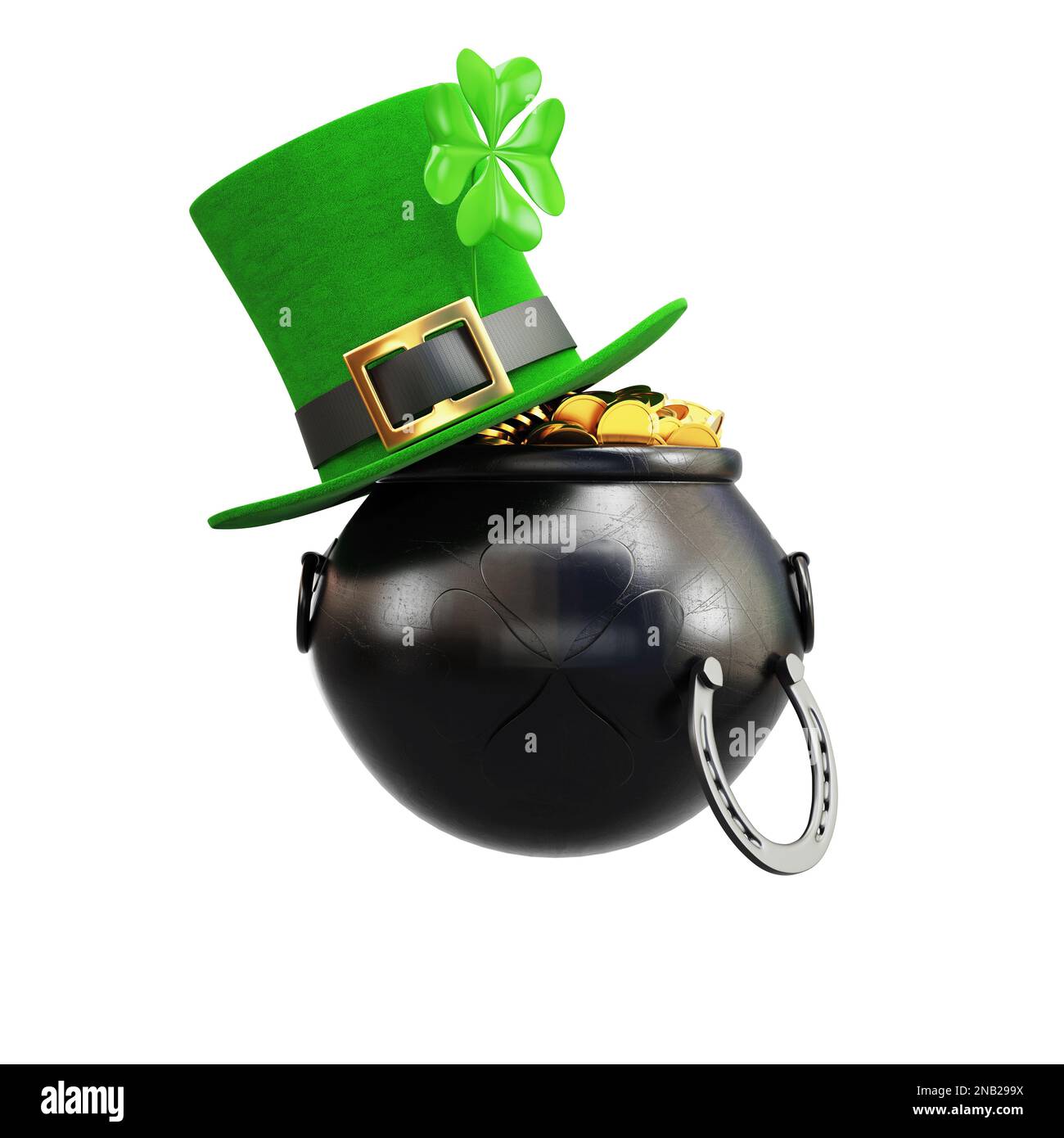 St. Patrick`s day pot of gold with green top hat and horse shoe ...