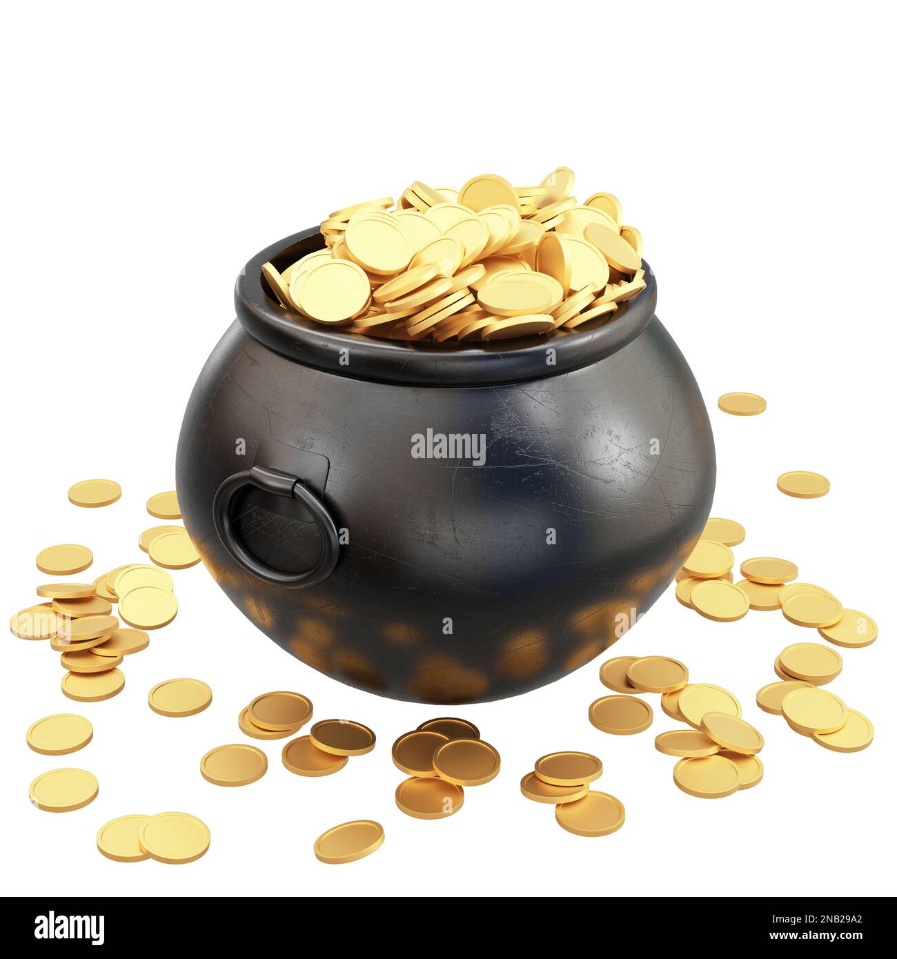 St. Patrick`s day pot of gold coins isolated on white background. 3d ...