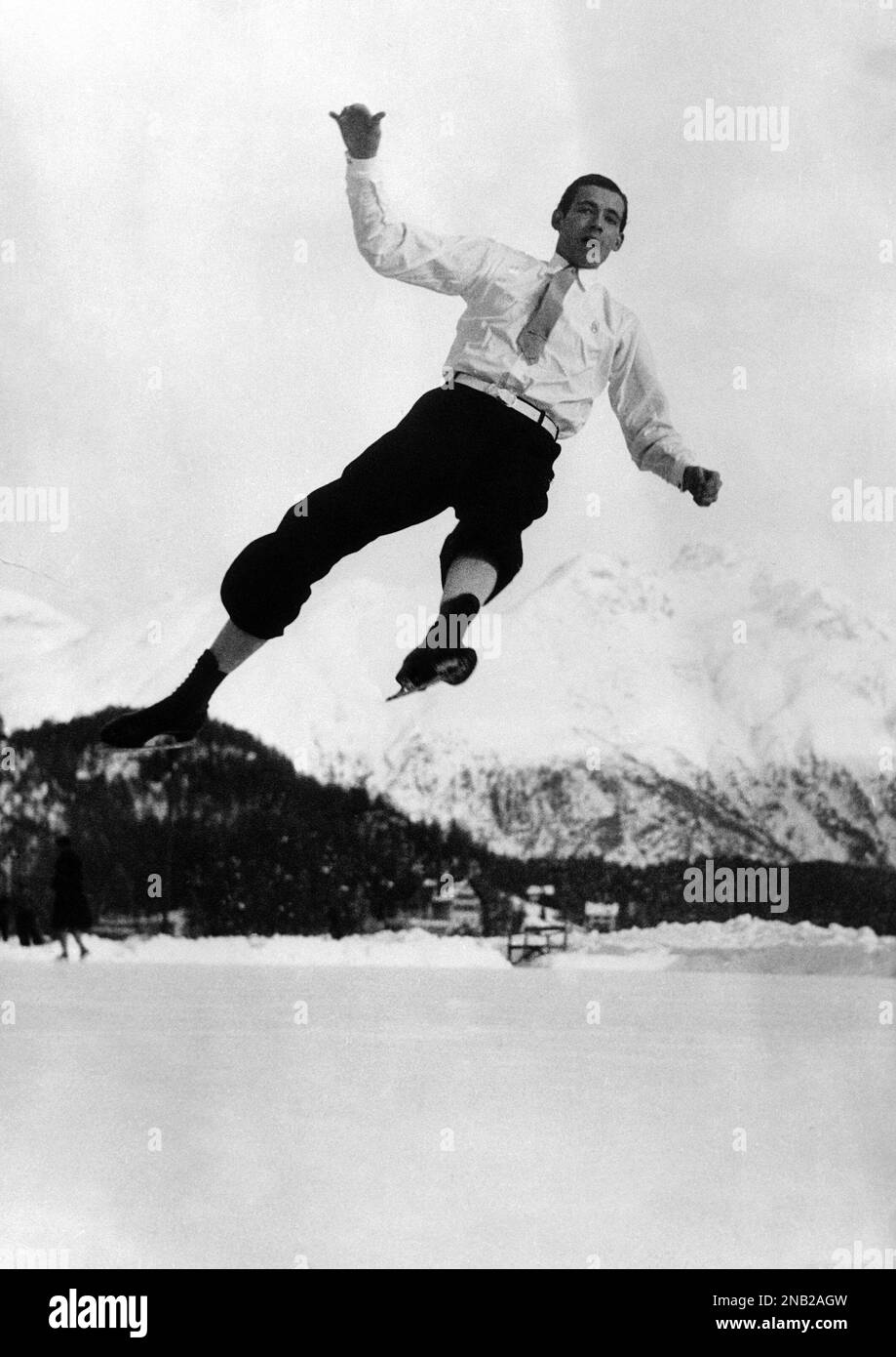 The English skating champion Graham Sharp practicing at St. Moritz, on ...