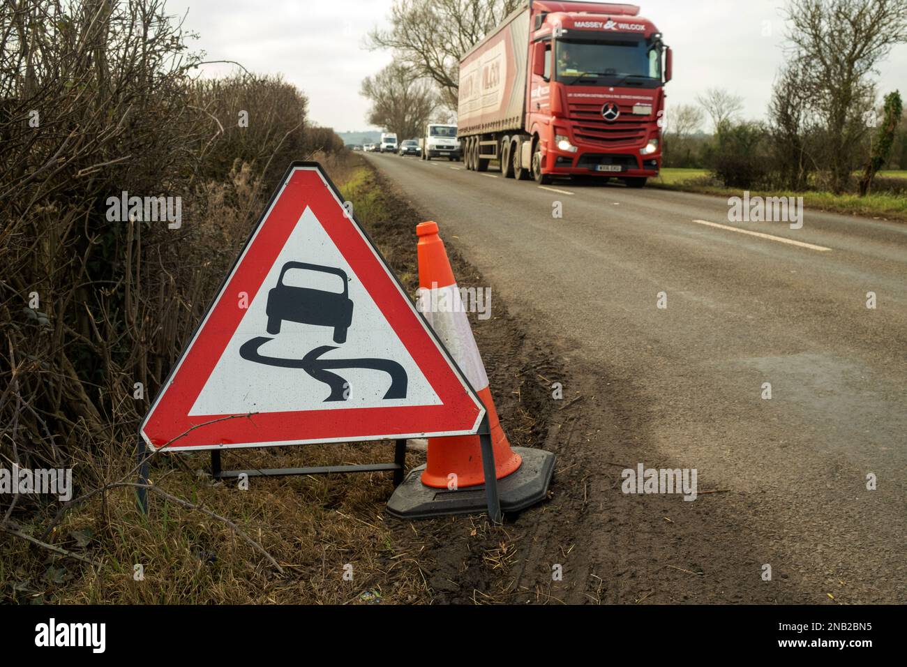 Februray 2023 - Slippy road sign near Cheddar in Somerset, UK Stock ...