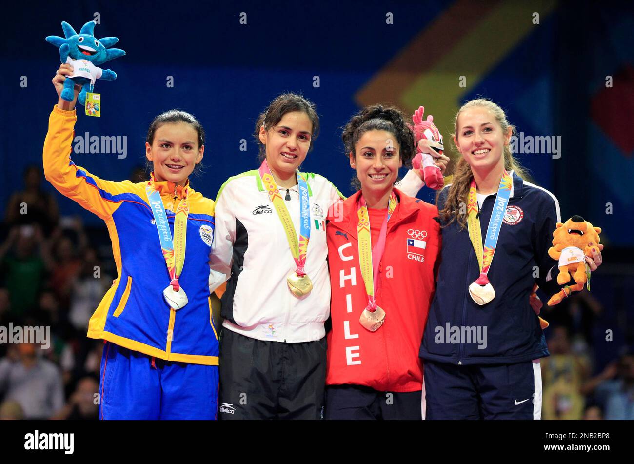 Athletes, from left, silver medalist Colombia's Doris Patino, gold ...