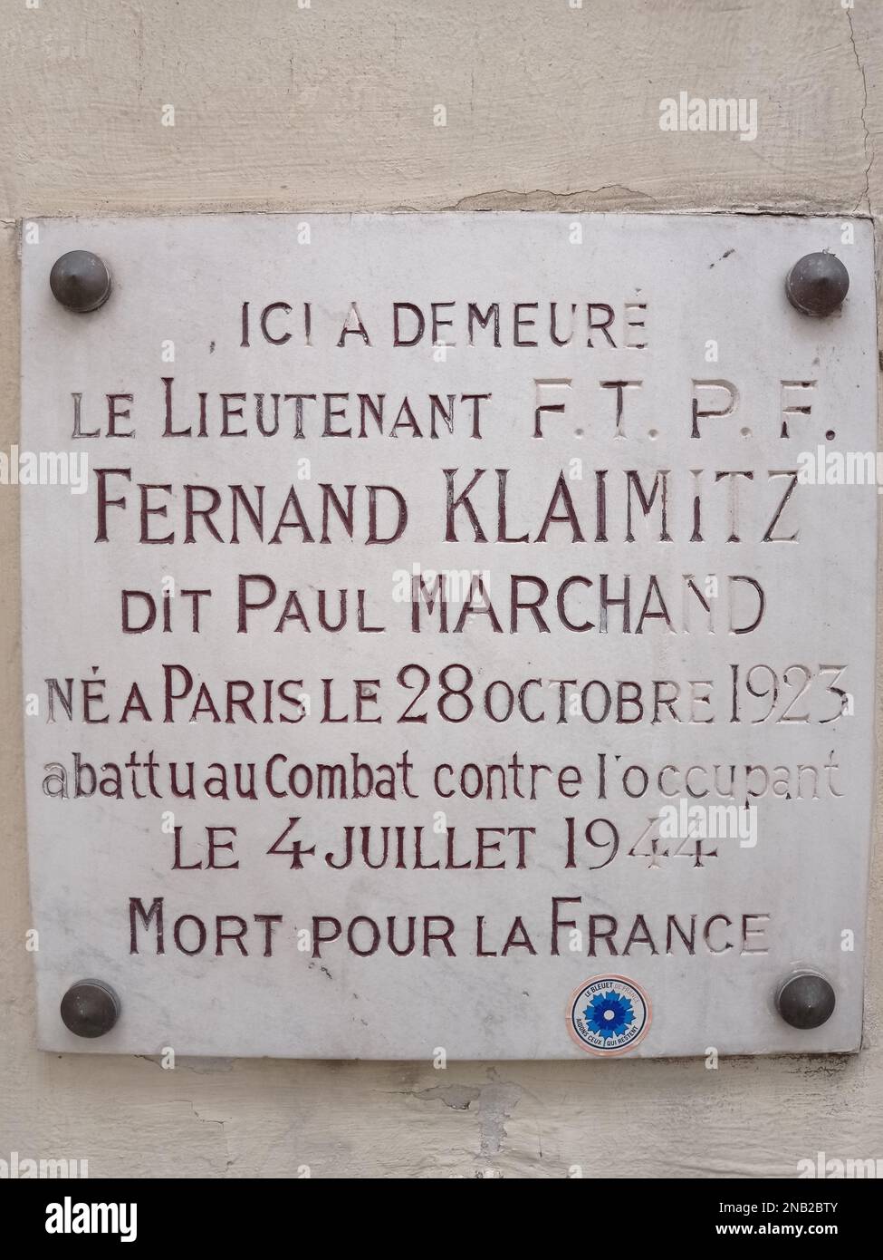 PLAQUE COMMÉMORATIVE DE FERNAND KLAIMITZ DIT PAUL MARCHAND. PARIS 3 ...