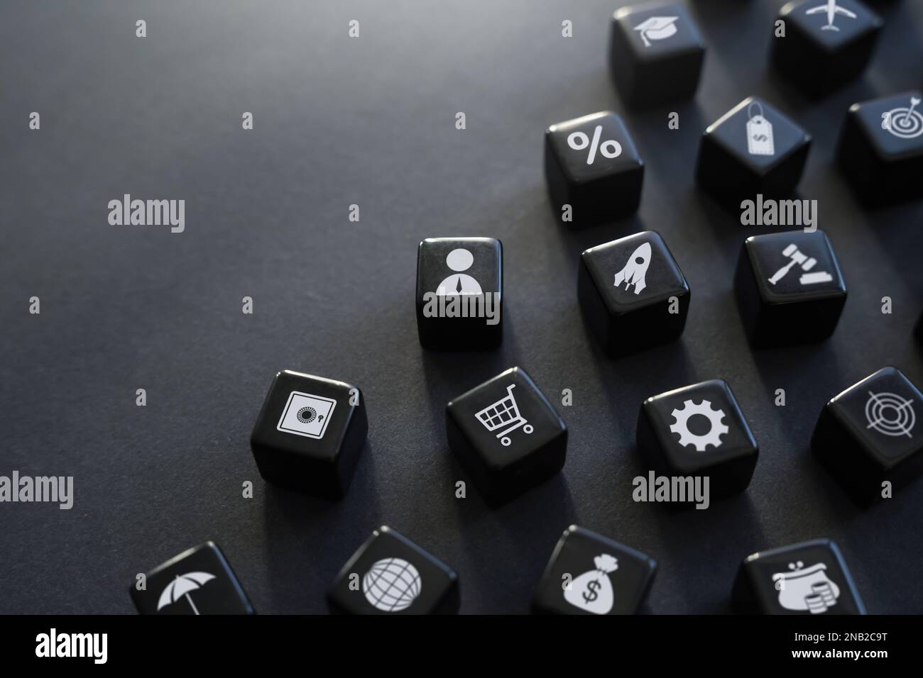 Blocks with business symbols icons. Conducting business and processes ...