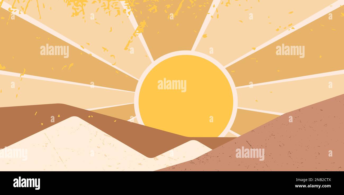 Abstract background of sunny rays and mountains in the style of 60s 70s ...