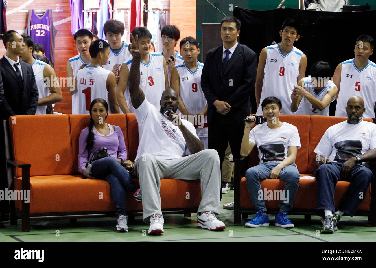 Former NBA star Shaquille O'Neal attends a promotional event in Beijing ...