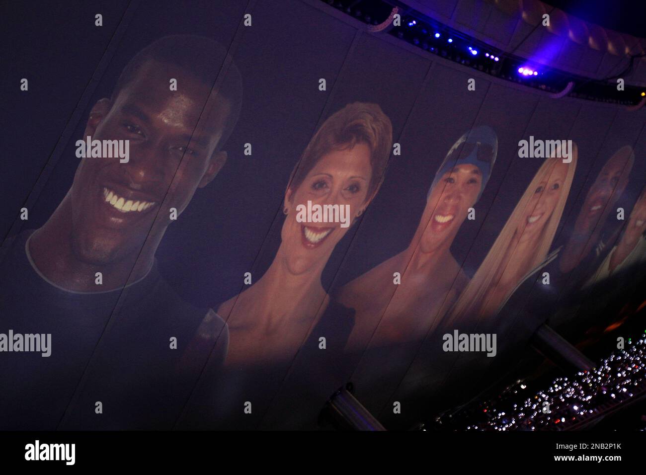 Images of athletes are displayed at the roof of the Omnilife stadium ...