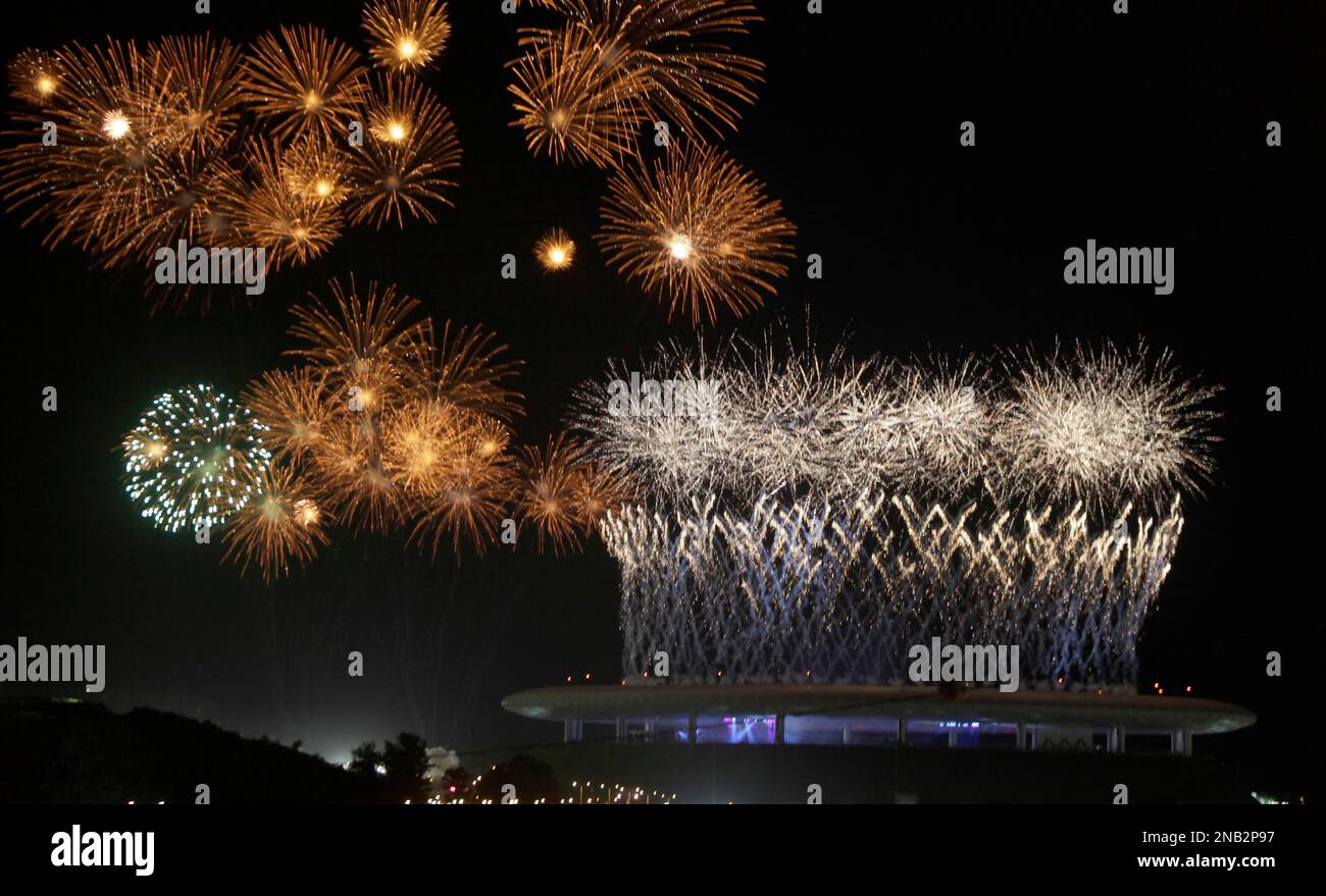 Fireworks explode over the Omnilife Stadium during the Pan American ...