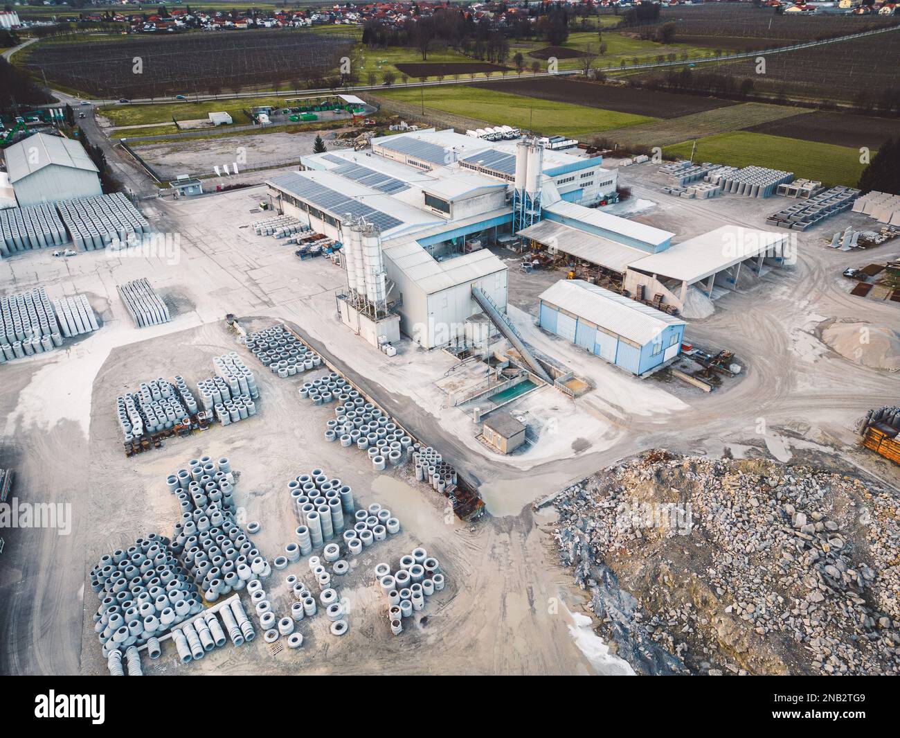 Aerial view, drone shot large open storage site of a private owned ...
