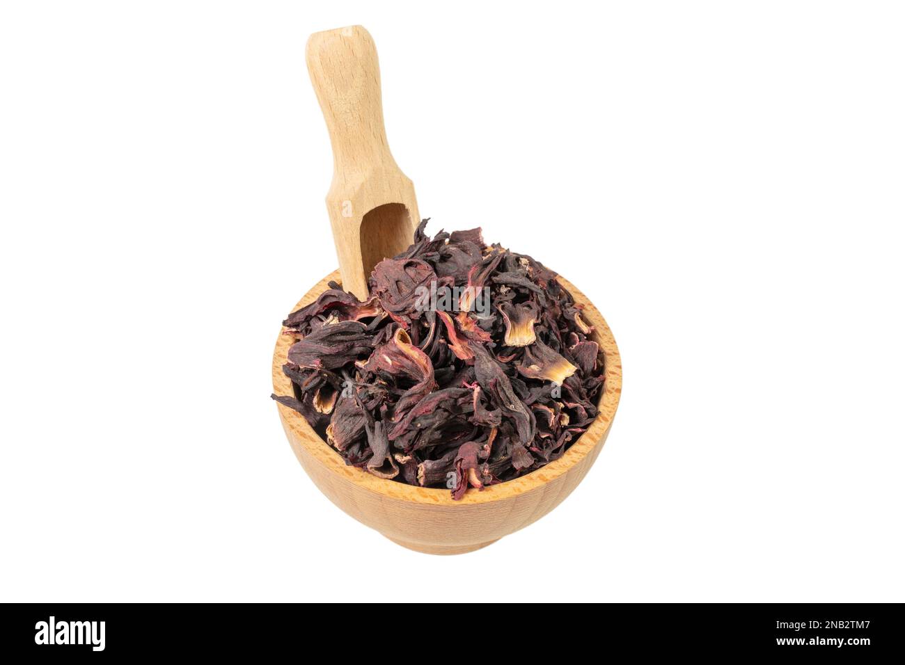 Dry hibiscus tea in wooden bowl and scoop isolated on white background. herb. herbal tea. food ...
