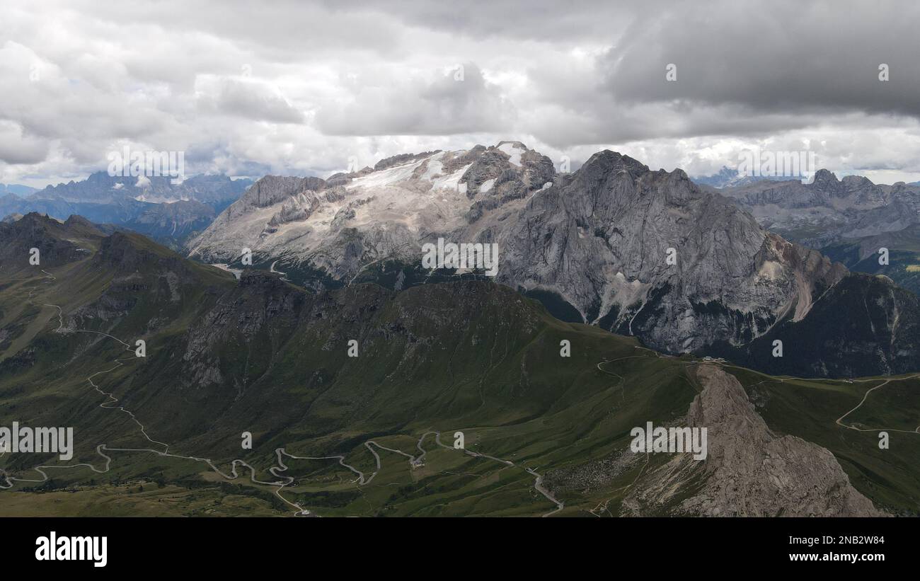 An aerial view of the mountain peaks of the Dolomites in Italy Stock ...