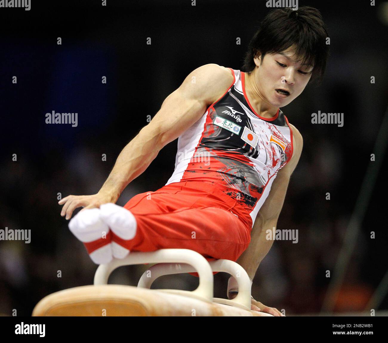 Japan's Kohei Uchimura performs on the pommel horse during the men's ...