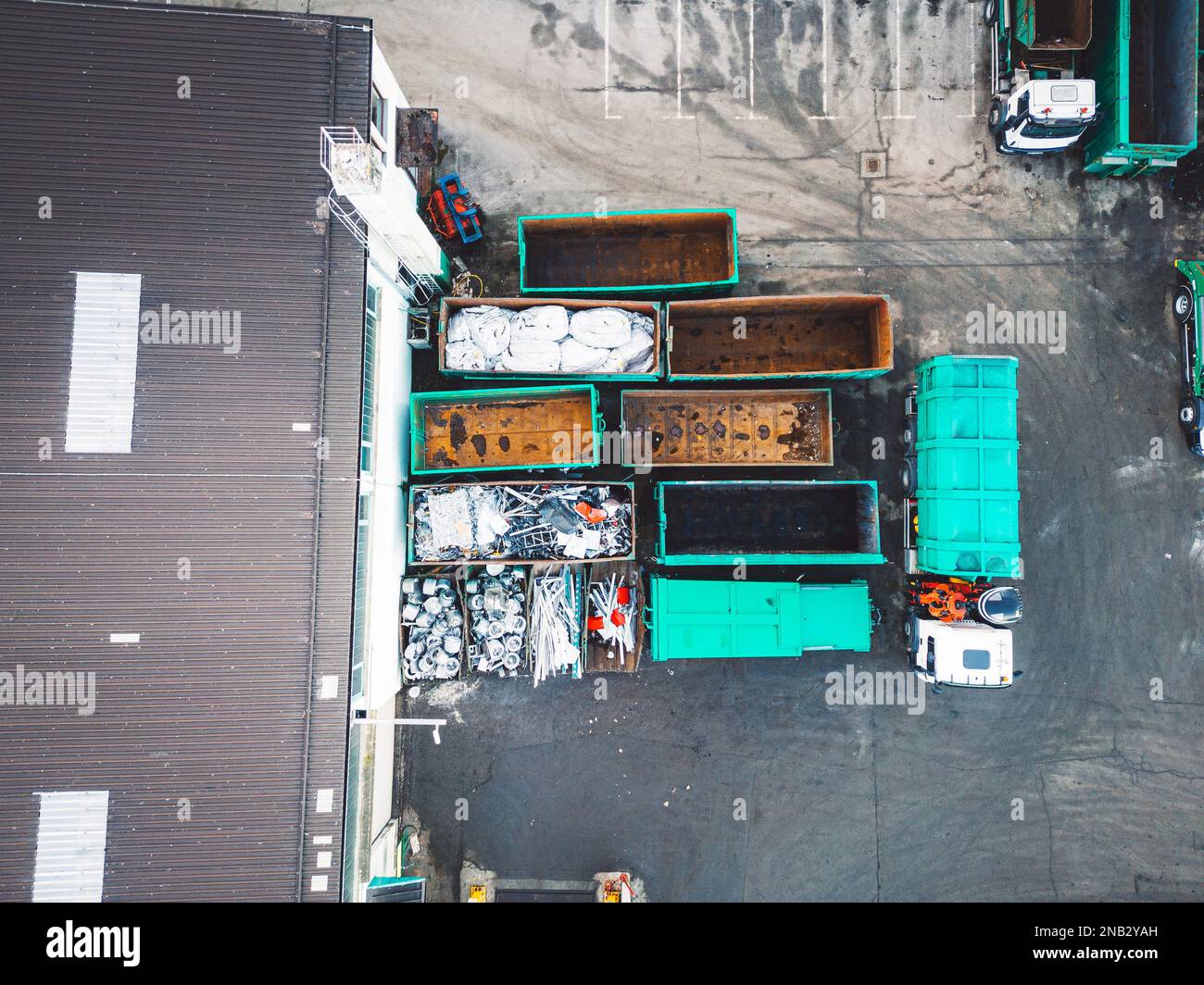 Looking down at sorting containers for different garbage recycling ...