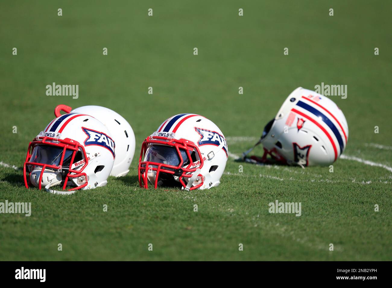 Football helmets are shown before practice in Florida Atlantic's new ...
