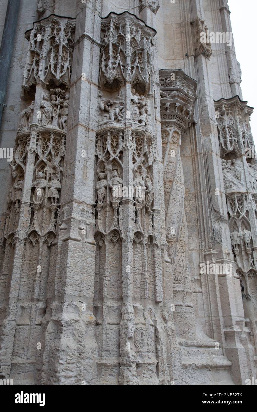 A vertical shot of beautiful columns with carvings in Rouen, France ...