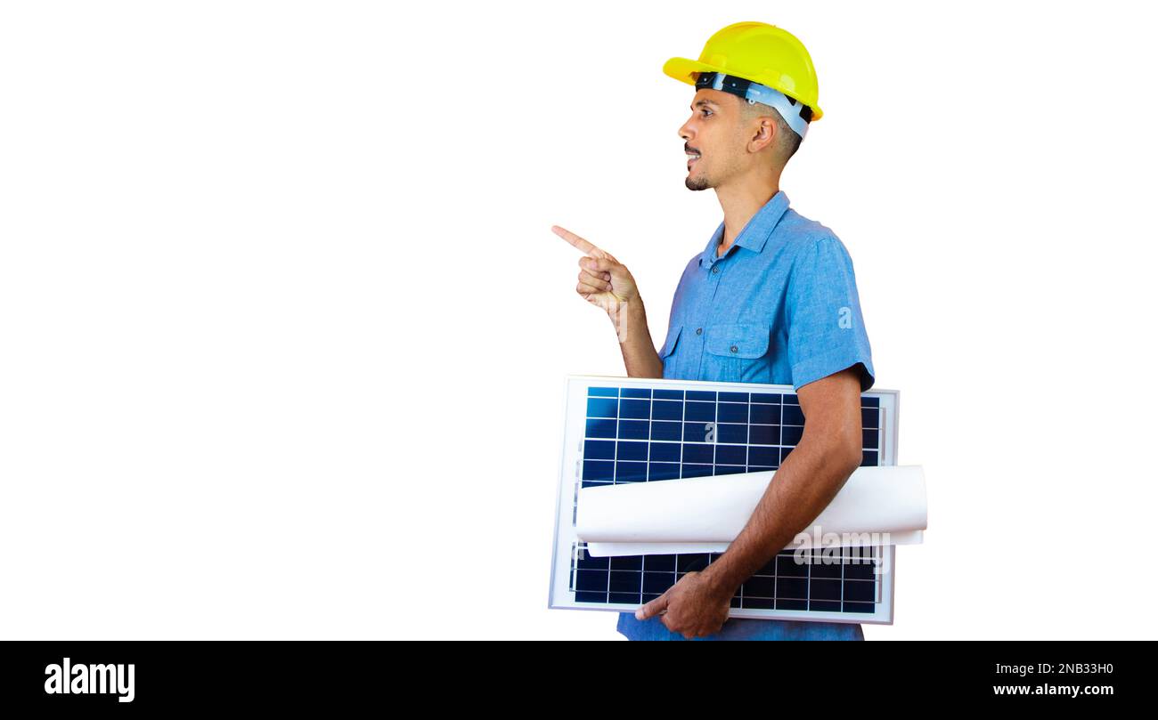 Engineers day - Black Man in Safety Helmet and Blue Shirt isolated ...
