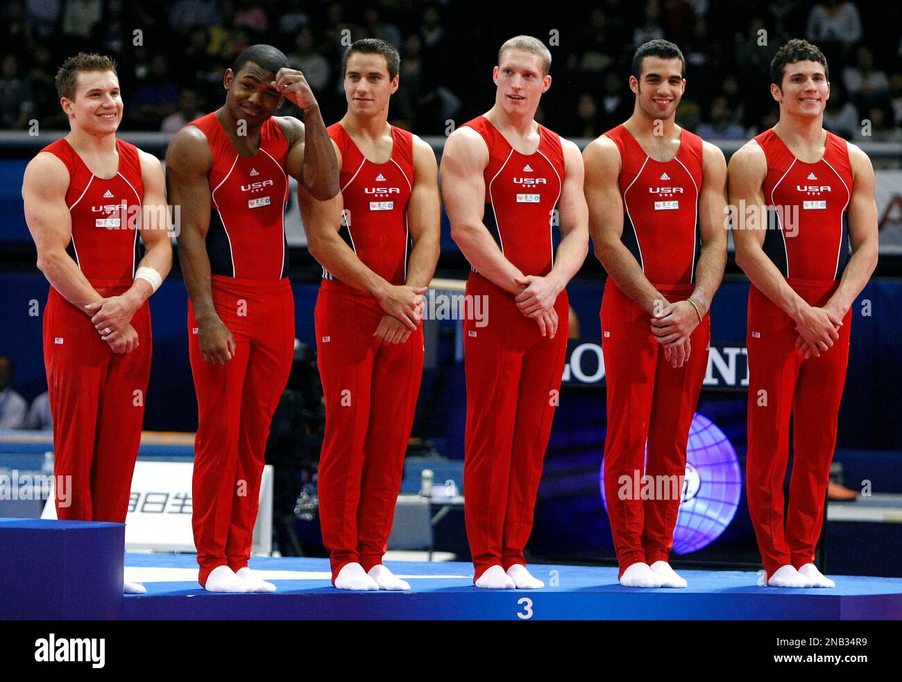 USA's gymnasts, from left, Jonathan Horton, John Orozco, Jacob Dalton ...