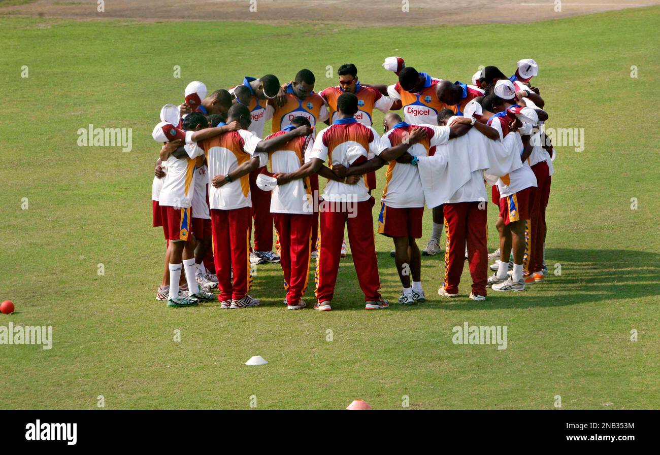 West Indies cricket team members huddle during a training session on ...