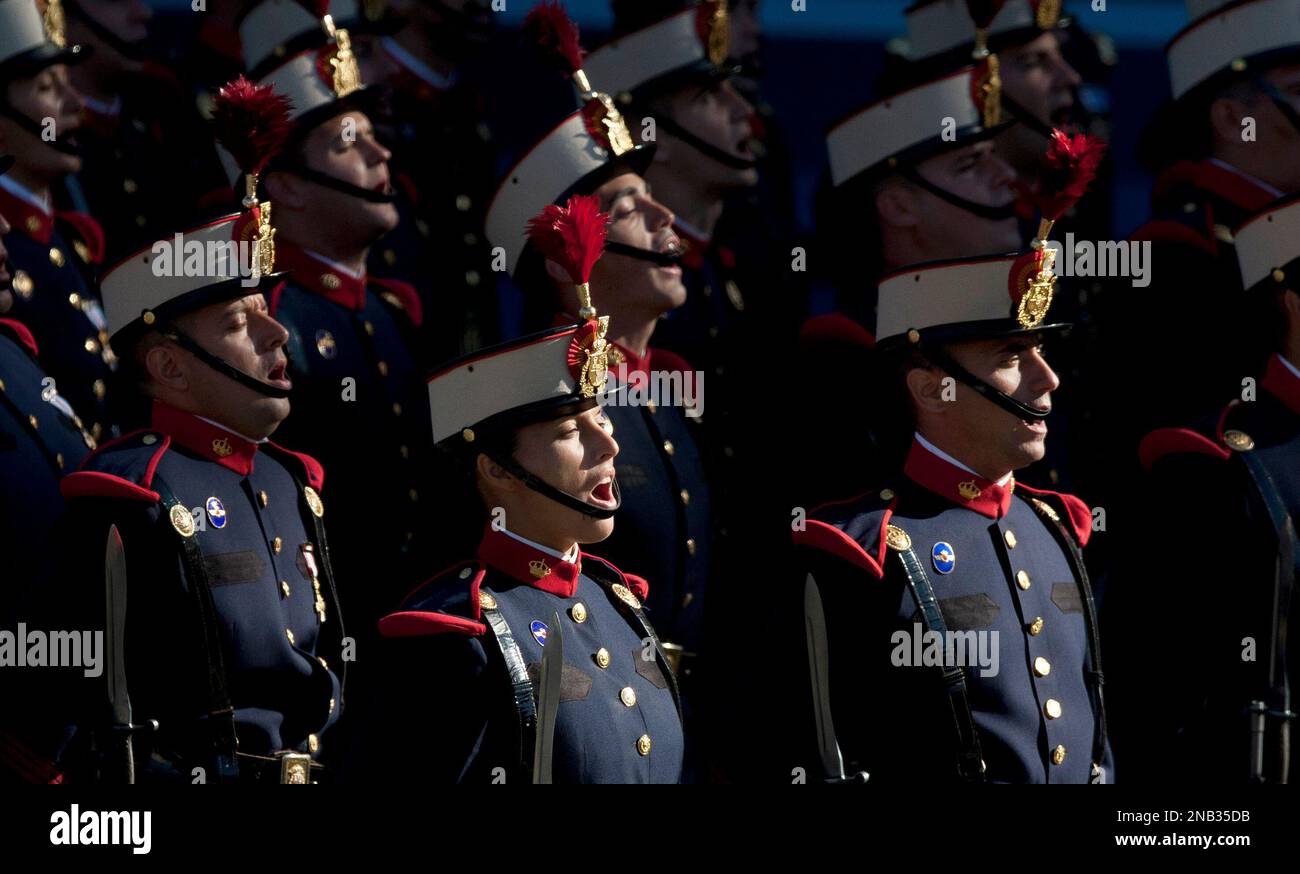 Soldiers attend a military parade, during the holiday known as Dia de ...