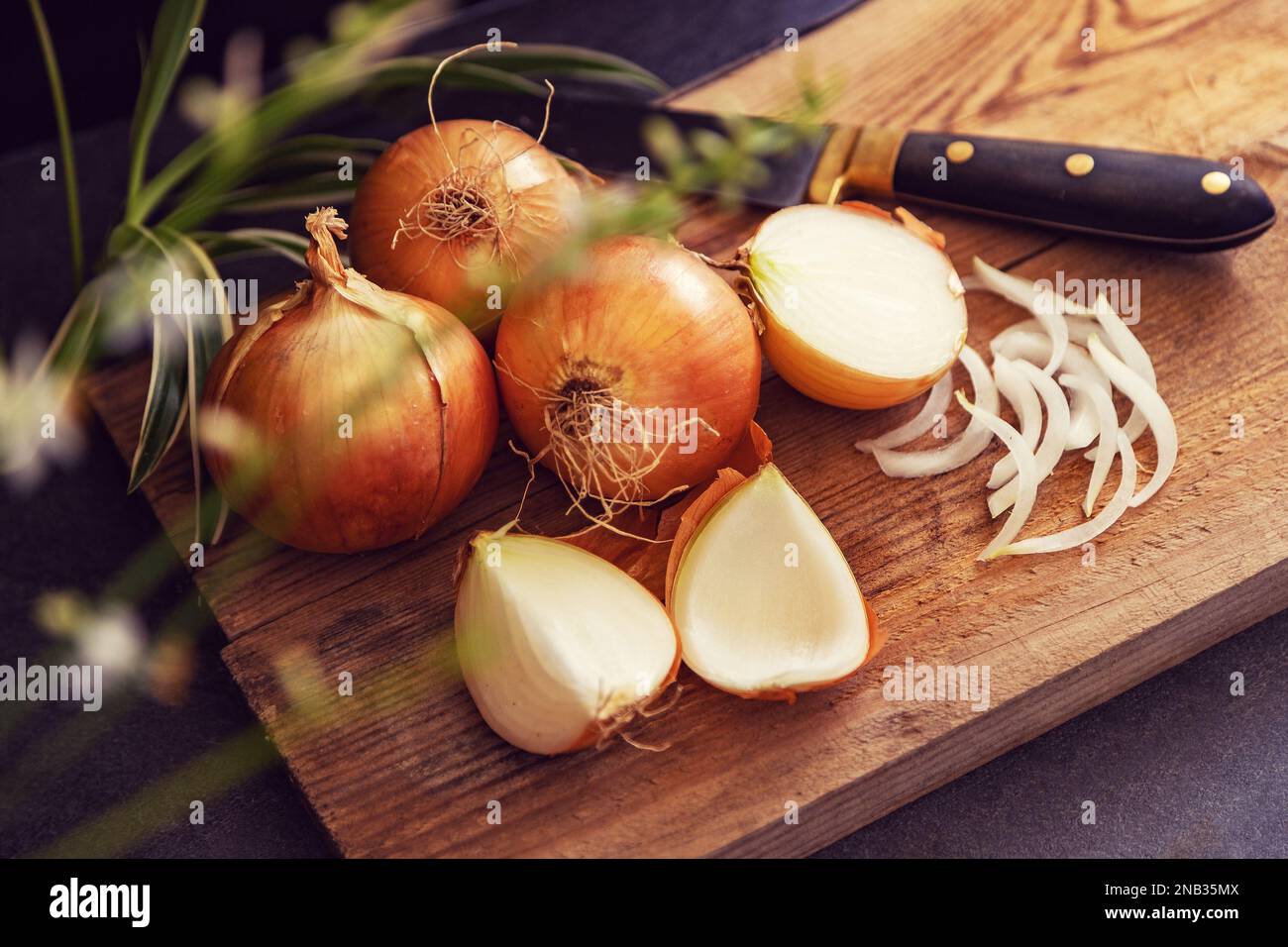 A lot of onions in a basket and plates on a dark and elegant dark ...