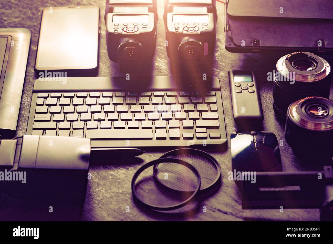 Digital photo workstation over black background.Top view of digital ...