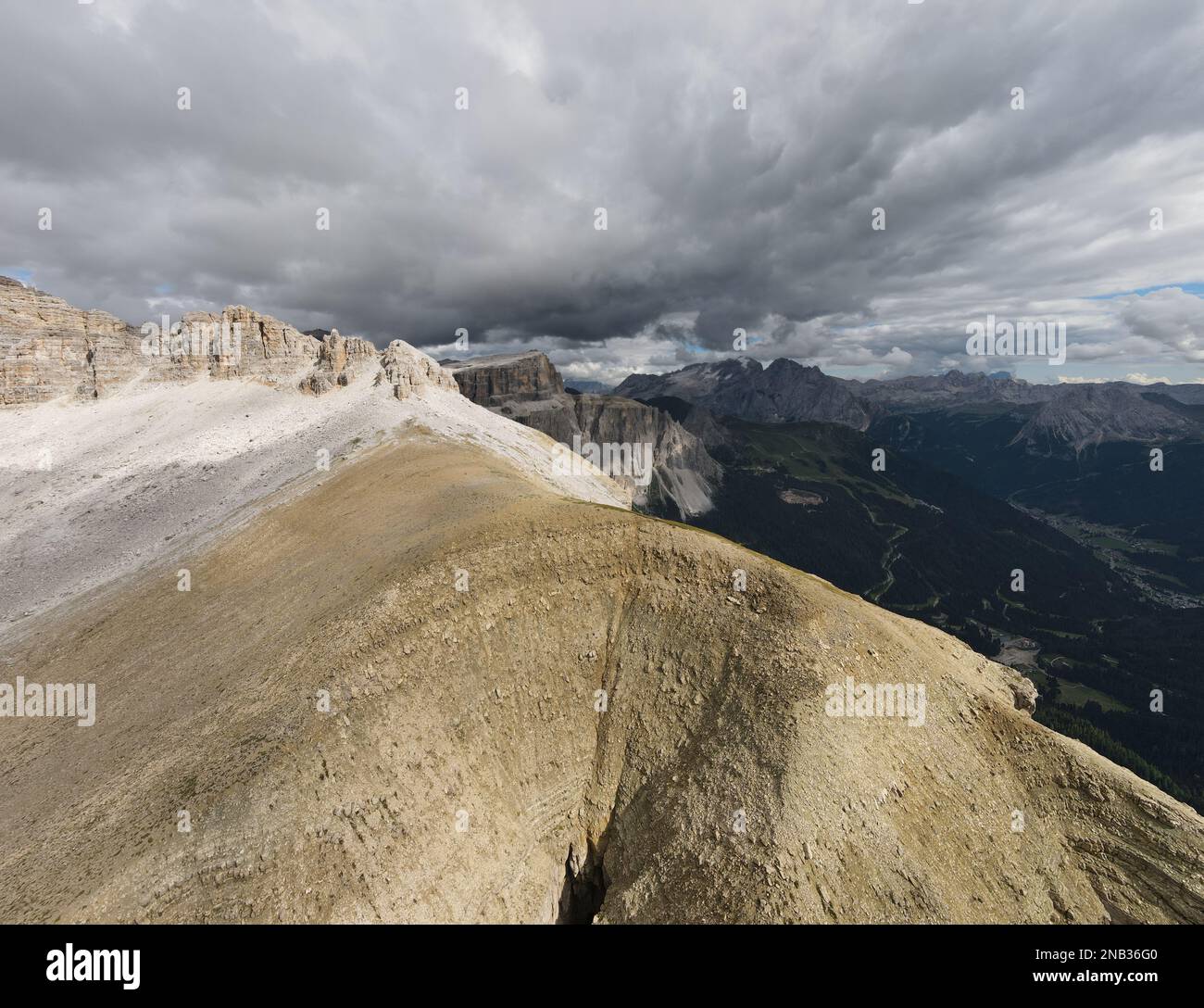 An aerial view of natural rocky scenery near the Dolomites Mountains in ...