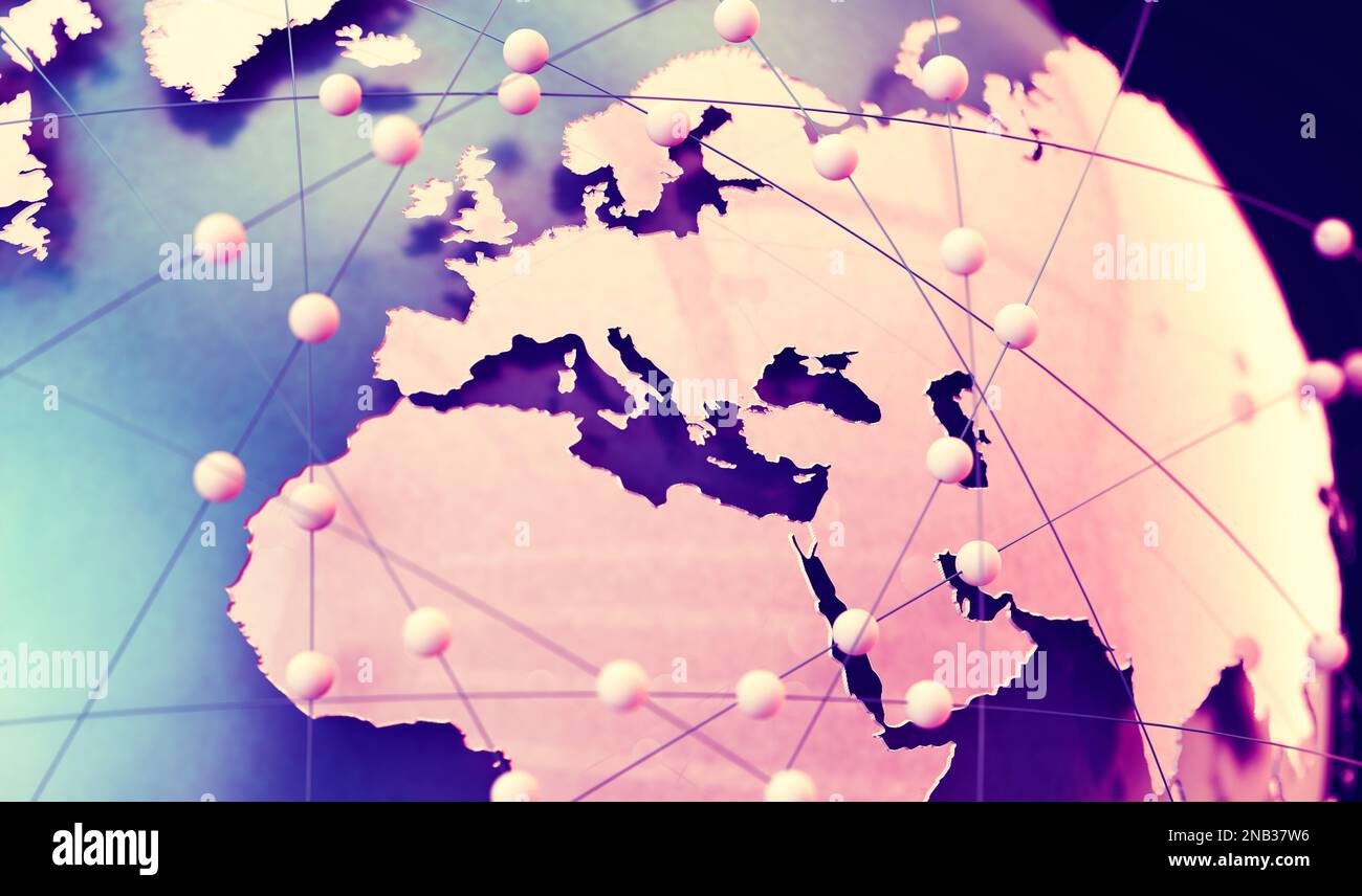 3d illustration of networking and internet concept and globe world map ...