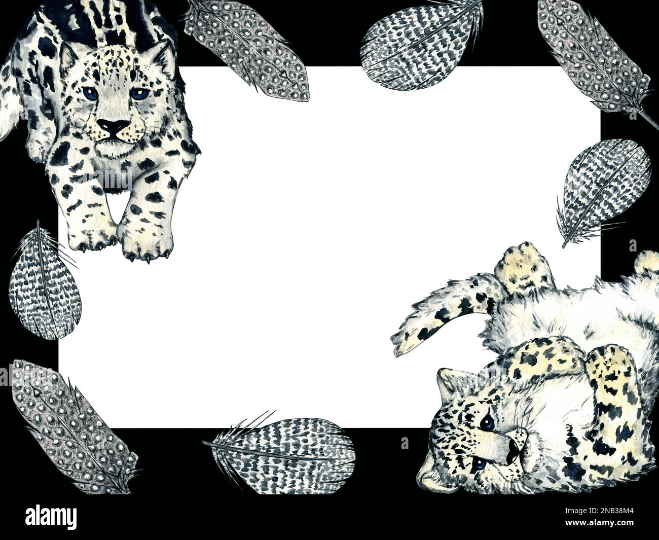 Watercolor frame of feathers and snow leopard on white background ...