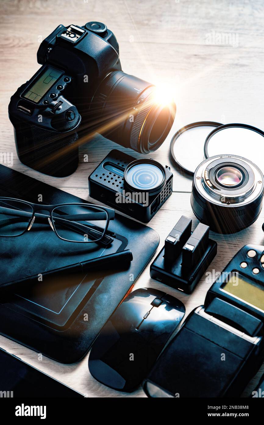 Digital photo workstation over white background.Top view of digital ...