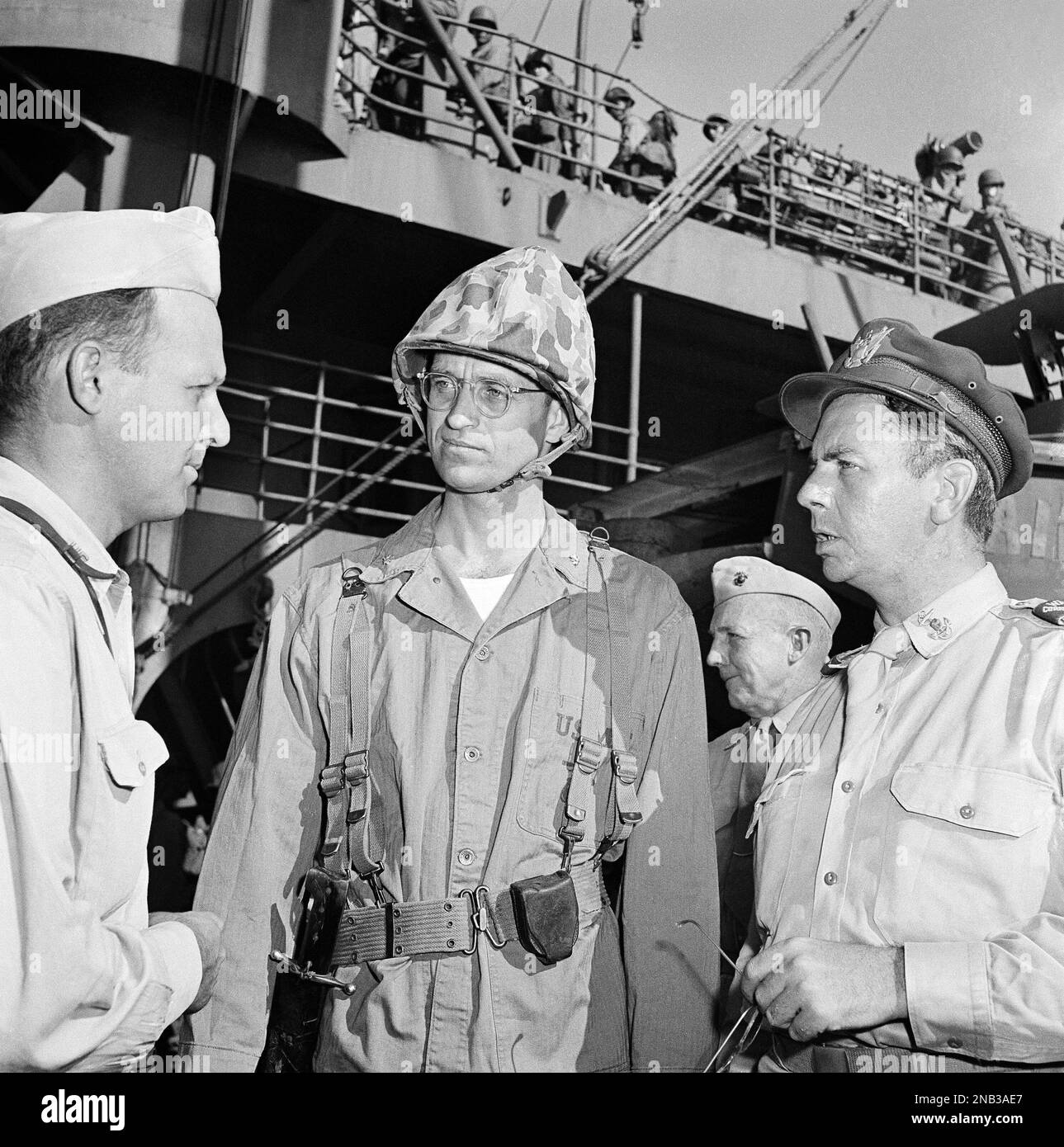 Lieutenant Col. James Roosevelt of the Marines talks with Leif Erickson ...