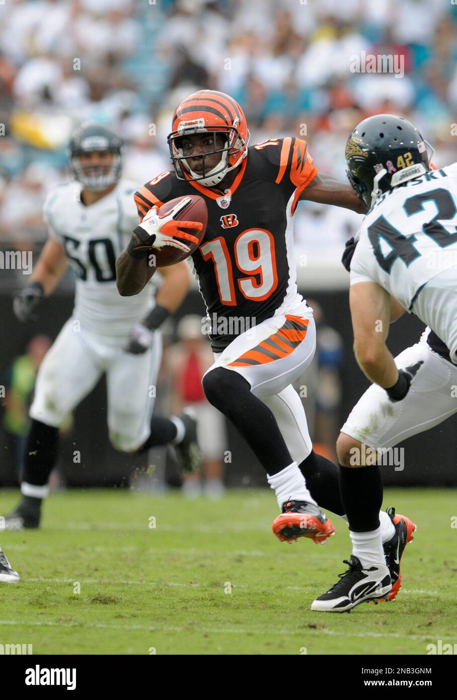 Cincinnati Bengals wide receiver Brandon Tate (19), center, returns a ...